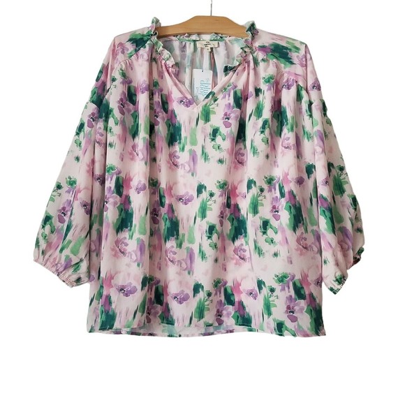 entro | Tops | Entro Womens S Floral Watercolor Blouse Boho Ruffle Neck ...